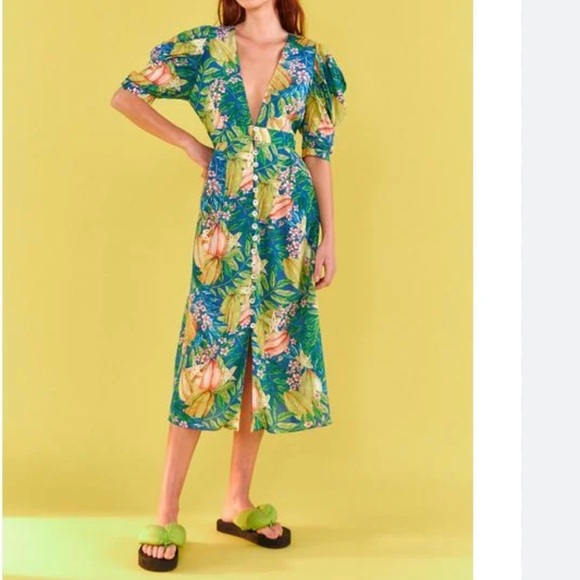 FARM Rio | Dresses | Farm Rio Starfruit Puff Sleeve Midi Dress | Poshmark